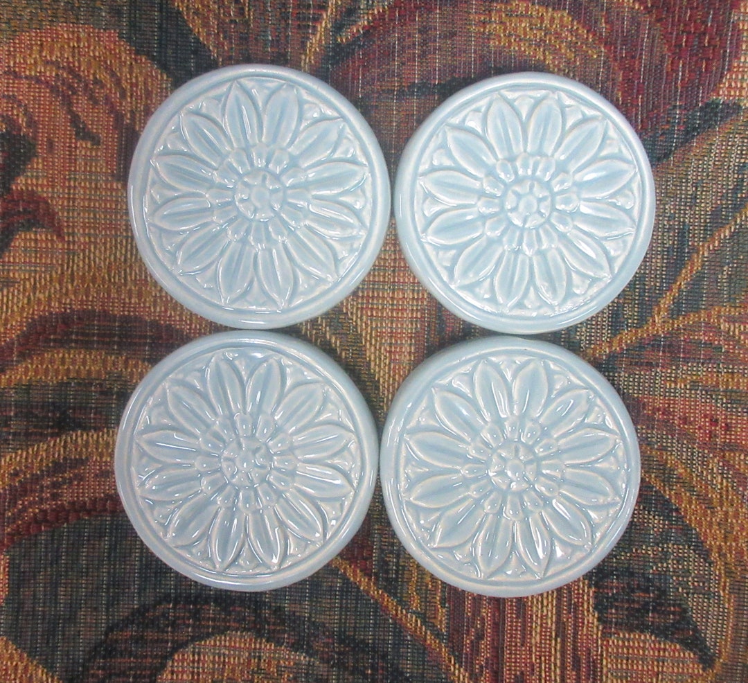 Floral Medallion Ceramic Tiles, Set of 4, 3" Light Blue Handmade ...