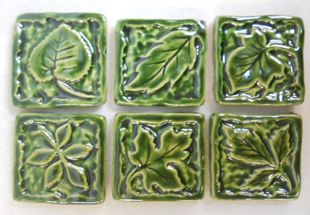 Leaf Mosaic Tiles Handmade Ceramic Craft Tiles: Holly Green Glazed Set ...