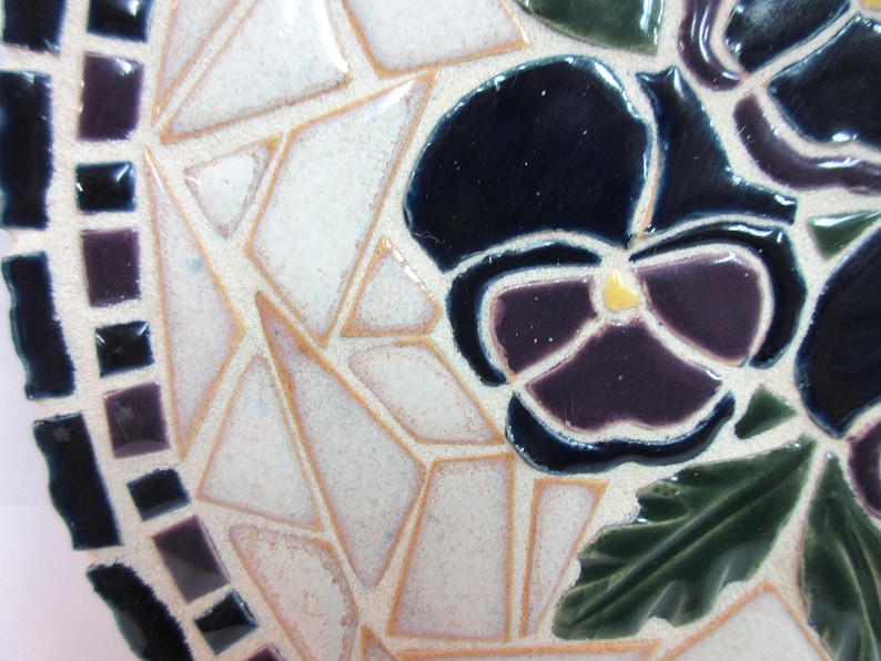 Pansy Mosaic Tile Trivet and Wall Art , 9" Handmade Ceramic Tile Mosaic ...