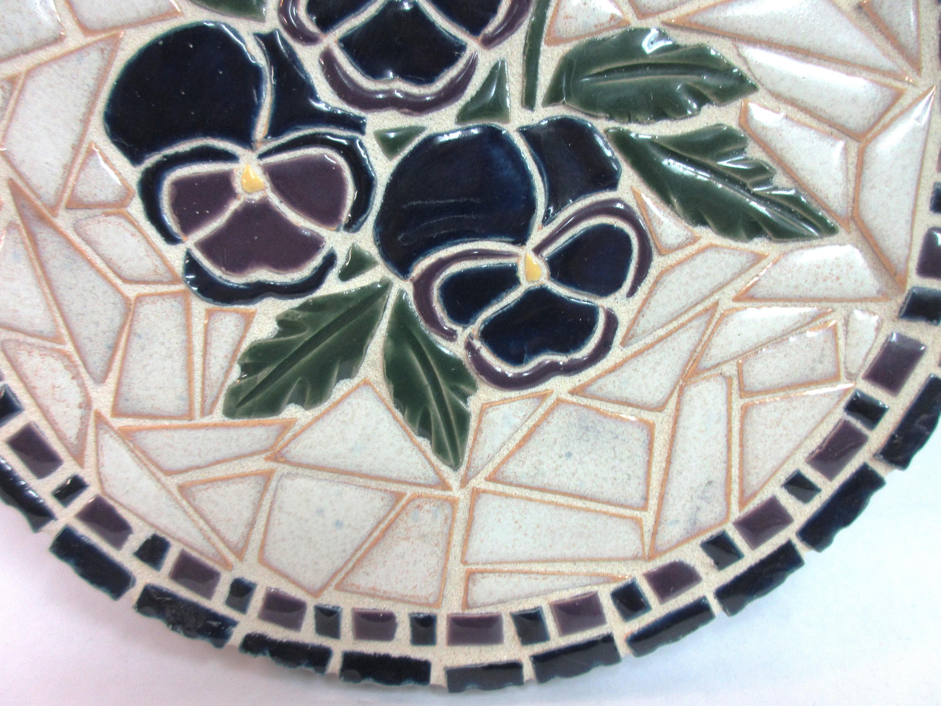 Pansy Mosaic Tile Trivet and Wall Art , 9" Handmade Ceramic Tile Mosaic ...