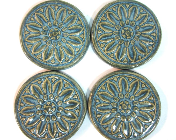 Floral Medallion 3" Tiles, Set of 4 Round Ceramic Tiles, Handmade ...