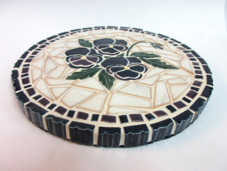 Pansy Mosaic Tile Trivet and Wall Art , 9" Handmade Ceramic Tile Mosaic ...