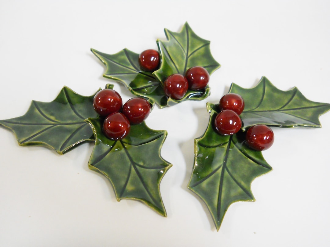 Ceramic Lifesize Holly Sprig With Burgundy Red Berries: Holiday Table ...