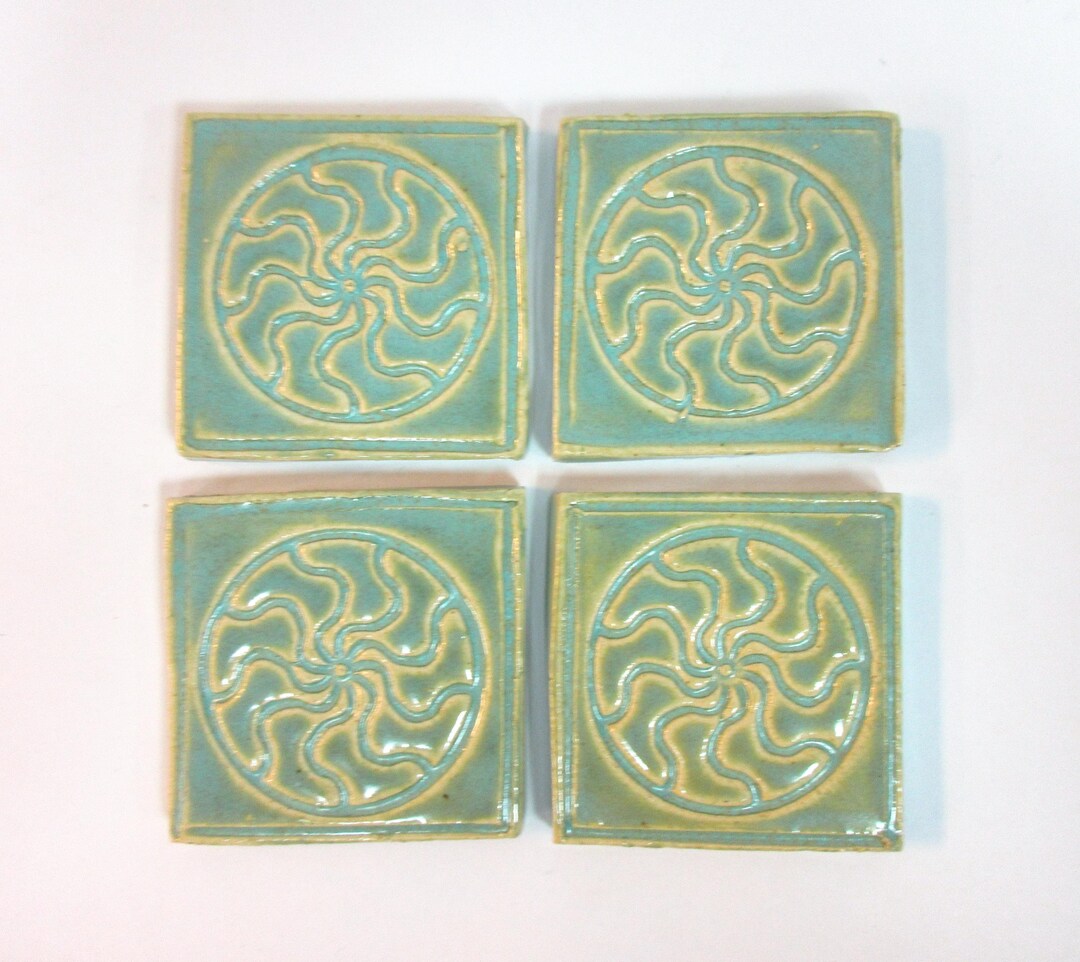 2" Ceramic Craft Tiles, Light Turquoise Center Mosaic Tiles. Set of 4 ...