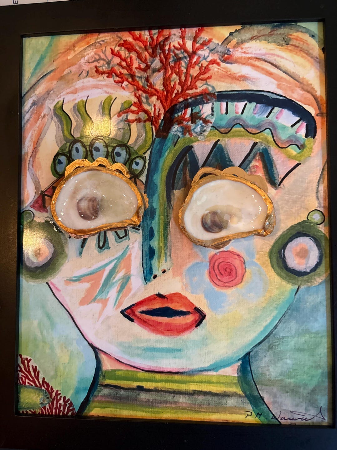 Hand Painted Folk Art/collage Photo, Whimsical Oyster Shell Lady ...