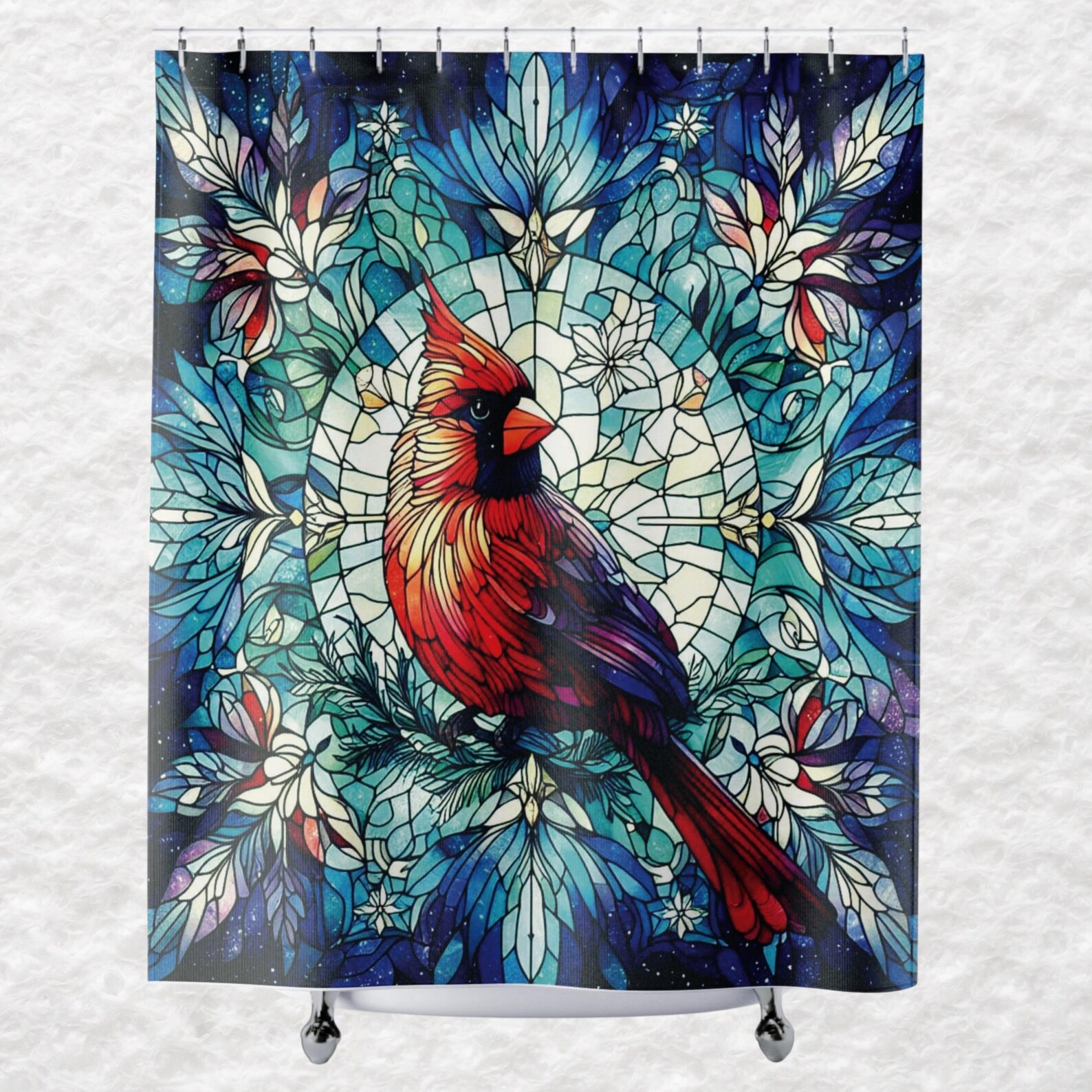 Stained Glass Cardinal Shower Curtain | Red Bird Floral Mosaic Art ...