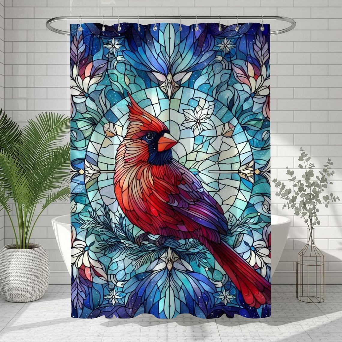 Stained Glass Cardinal Shower Curtain | Red Bird Floral Mosaic Art ...