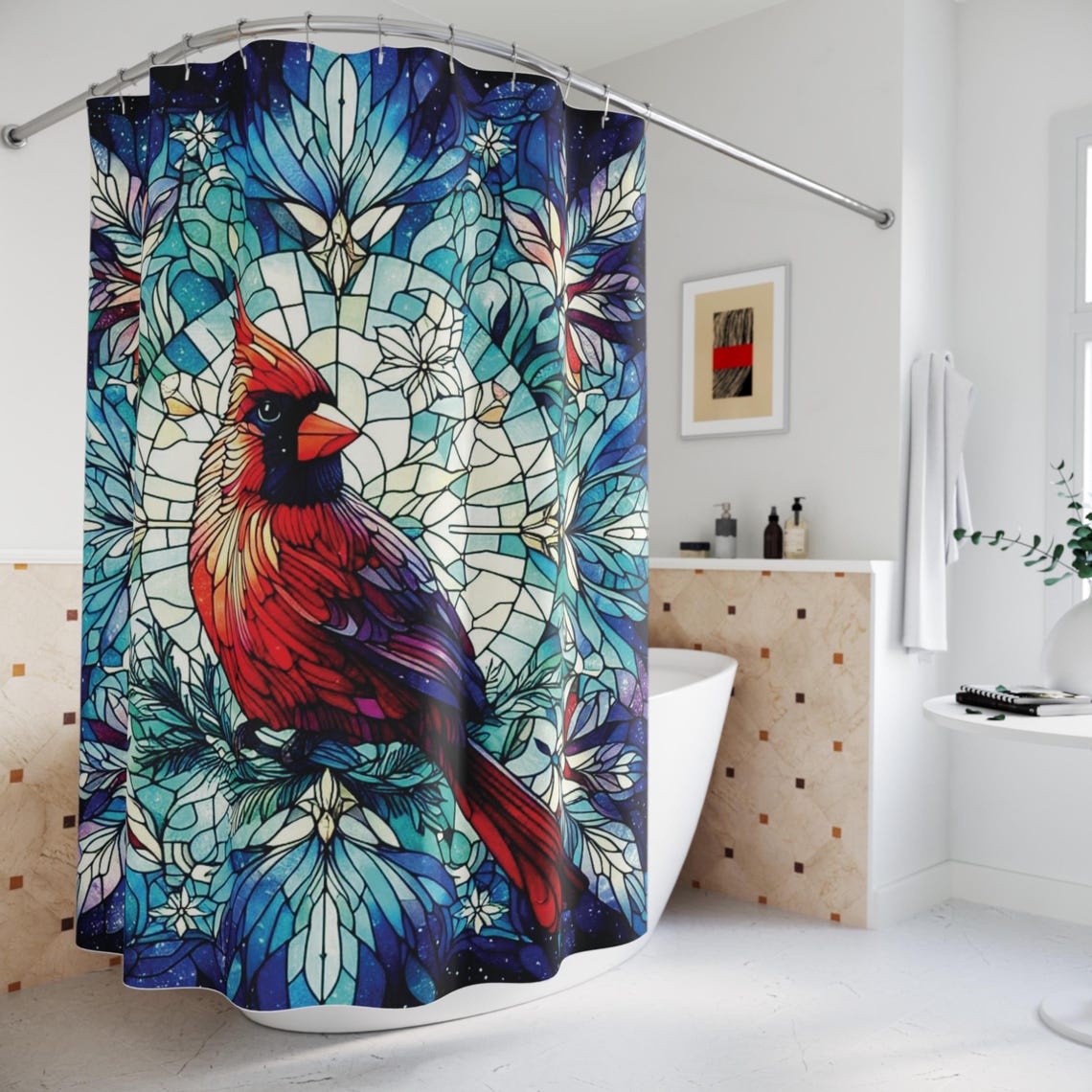 Stained Glass Cardinal Shower Curtain | Red Bird Floral Mosaic Art ...