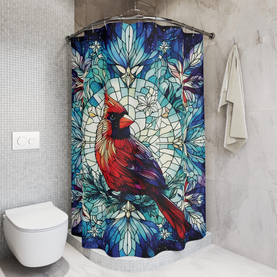 Stained Glass Cardinal Shower Curtain | Red Bird Floral Mosaic Art ...