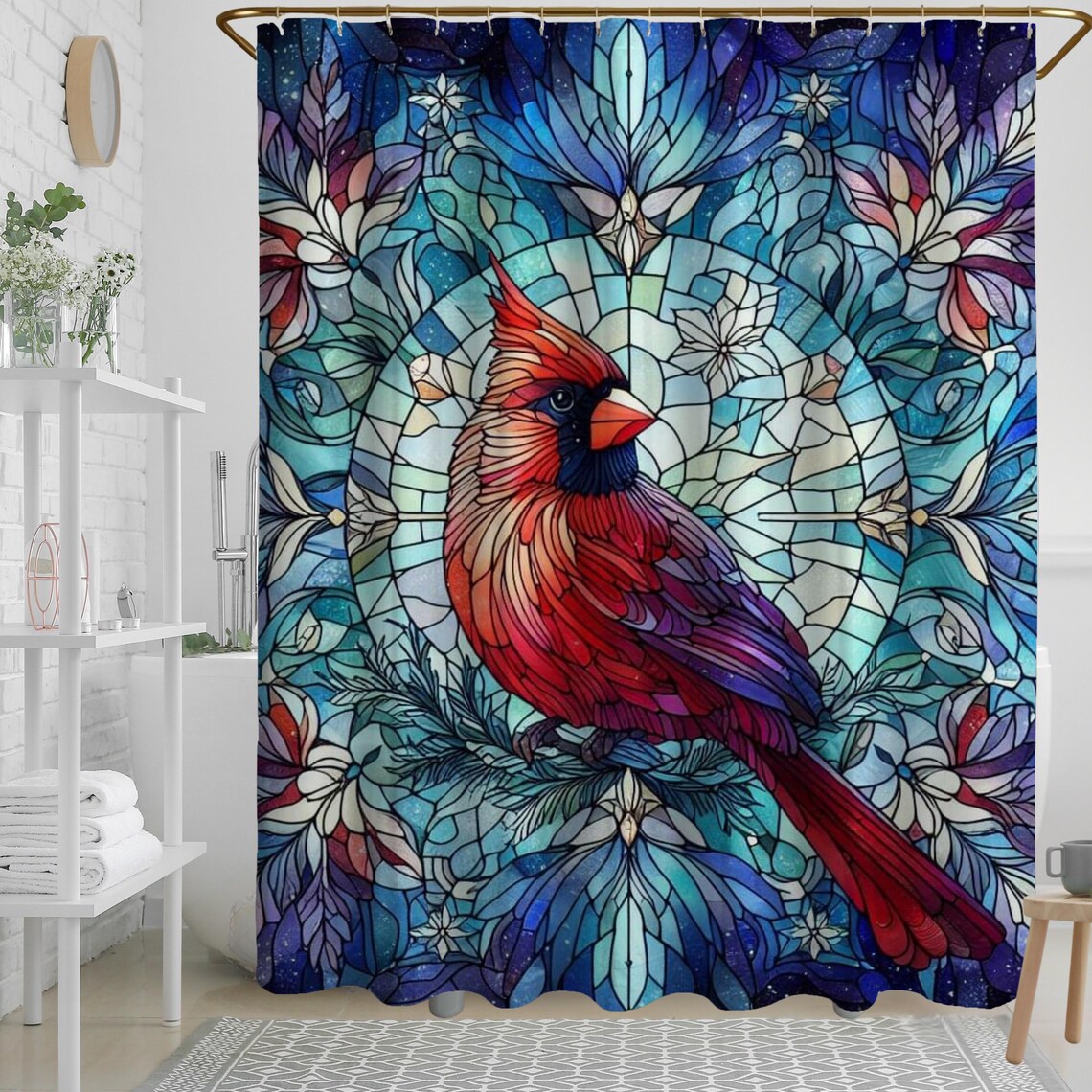 Stained Glass Cardinal Shower Curtain | Red Bird Floral Mosaic Art ...
