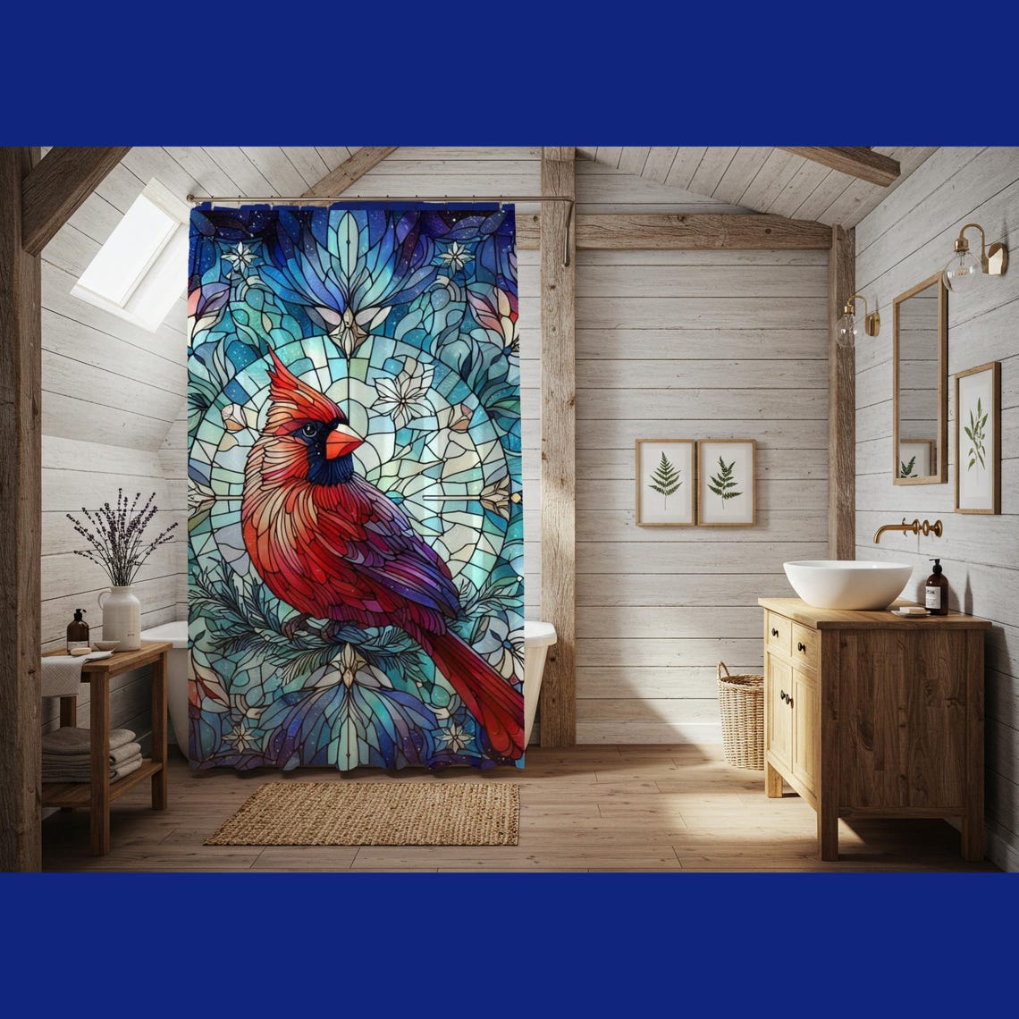 Stained Glass Cardinal Shower Curtain | Red Bird Floral Mosaic Art ...