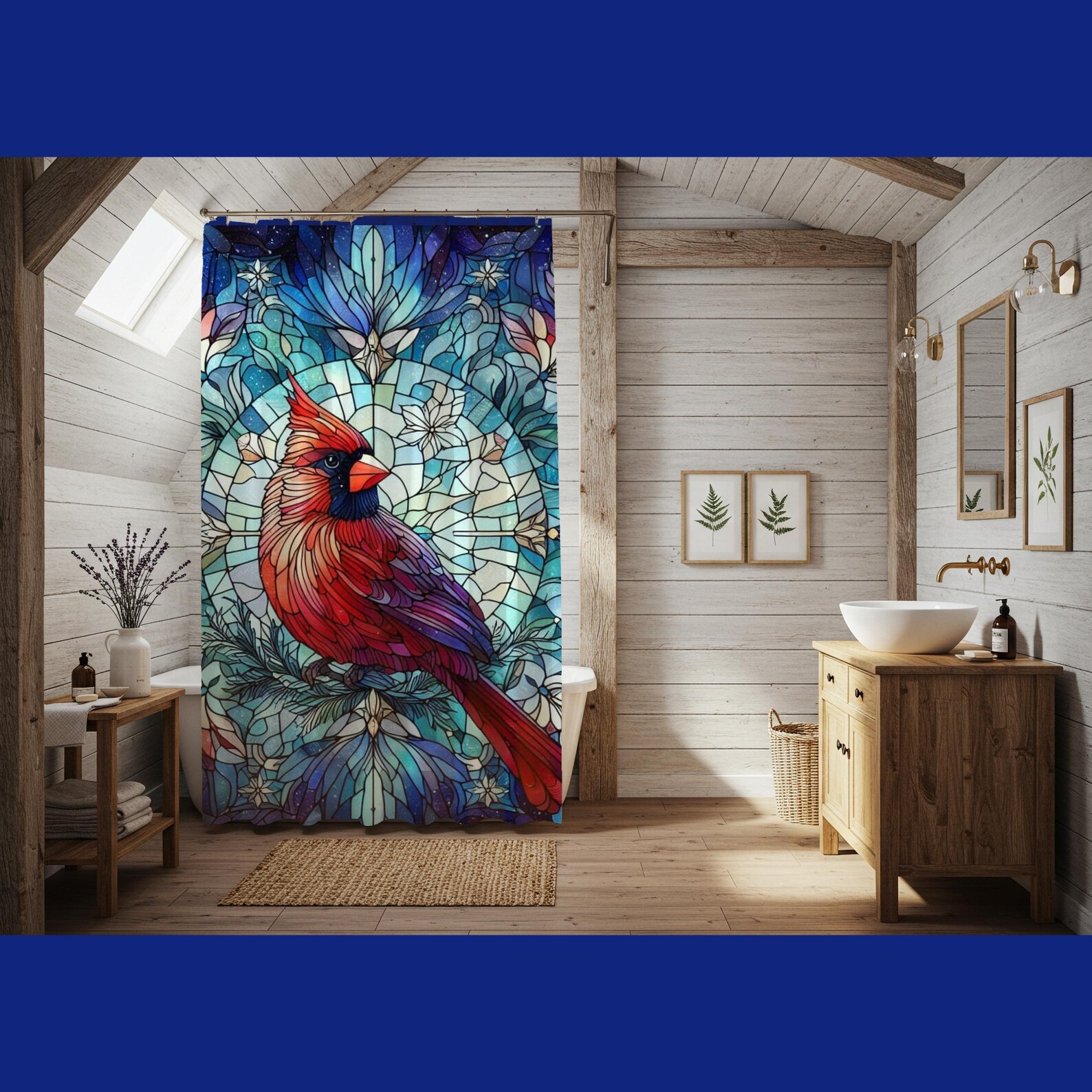 Stained Glass Cardinal Shower Curtain | Red Bird Floral Mosaic Art ...