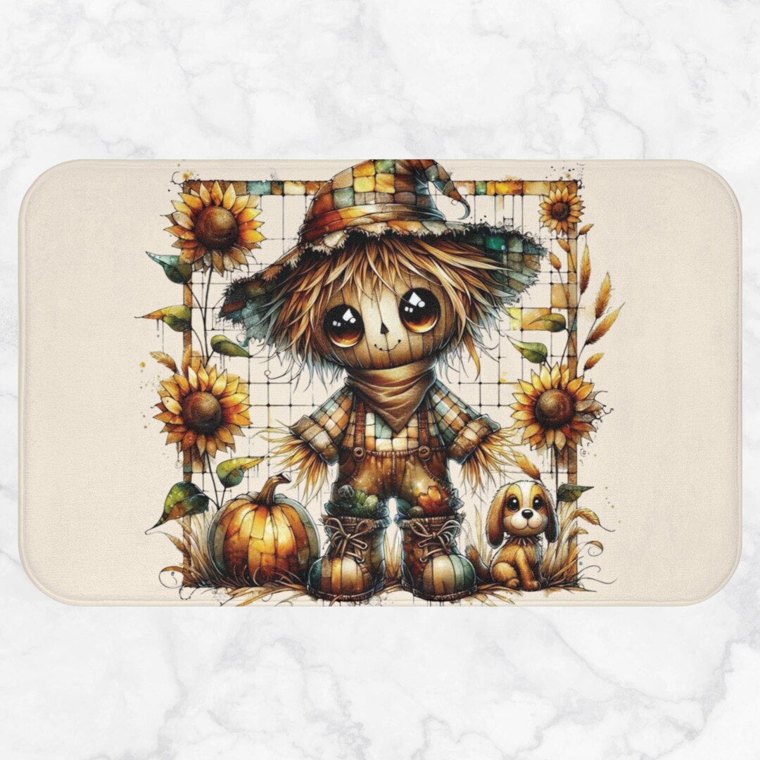 Autumn Scarecrow Bath Mat, Pumpkin Art, Sunflower Harvest Decor, Rustic ...