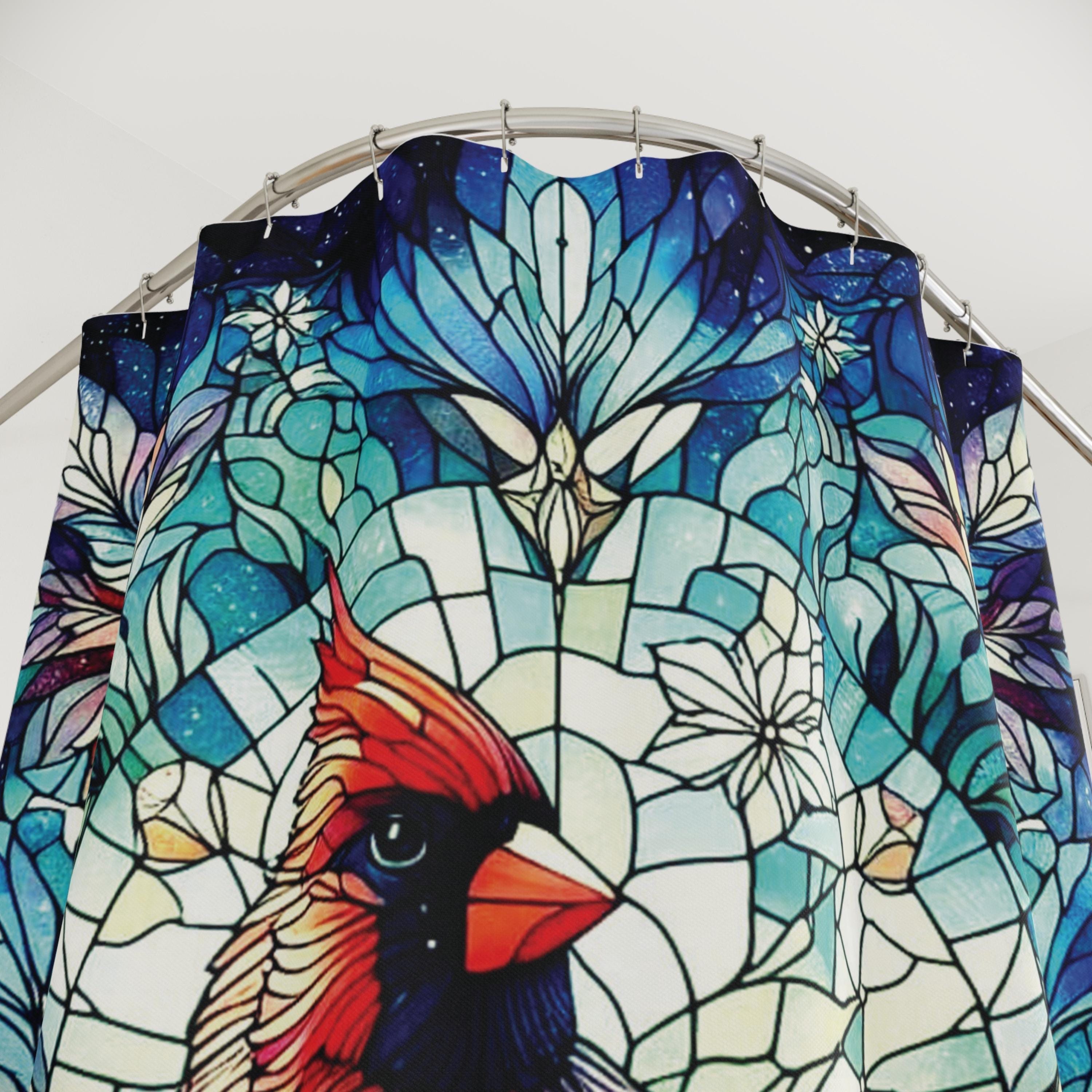 Stained Glass Cardinal Shower Curtain | Red Bird Floral Mosaic Art ...