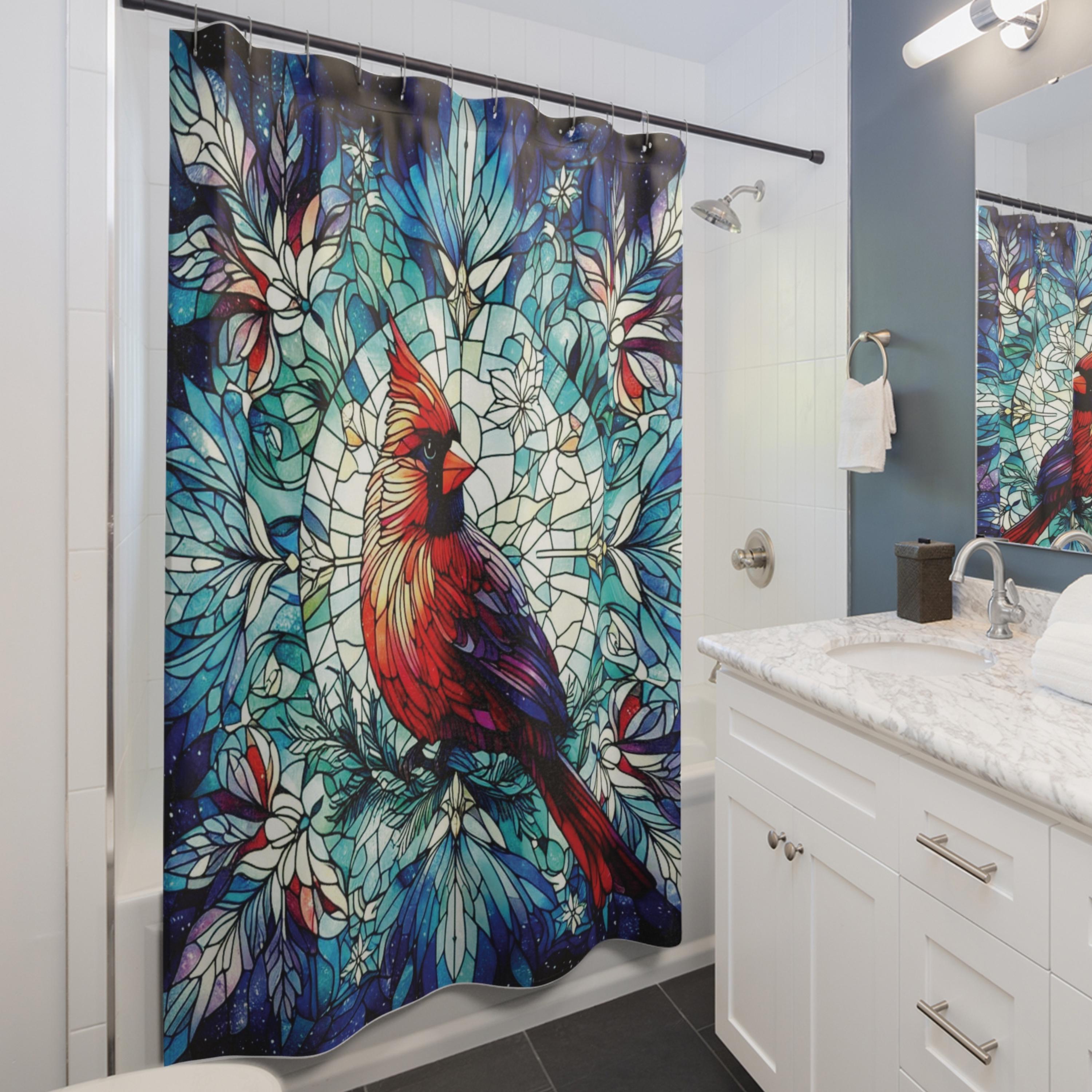 Stained Glass Cardinal Shower Curtain | Red Bird Floral Mosaic Art ...