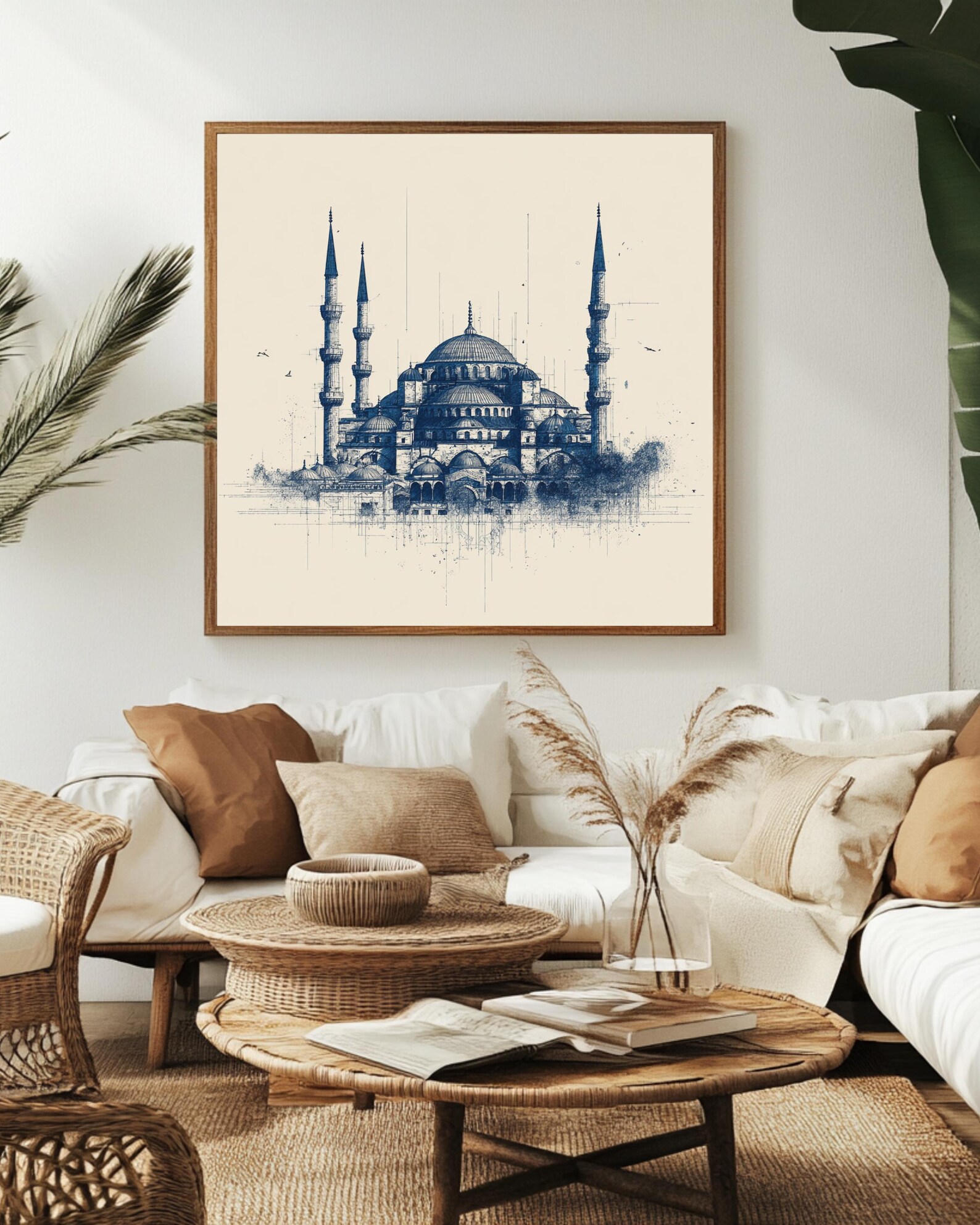 Rustic Minimal Blue Mosque Art Print – Elegant Islamic Outline ...