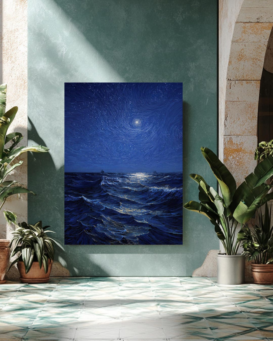 Trenches in the Sky Moonlight Sea Art, Dark Blue Ocean Canvas, Starry ...