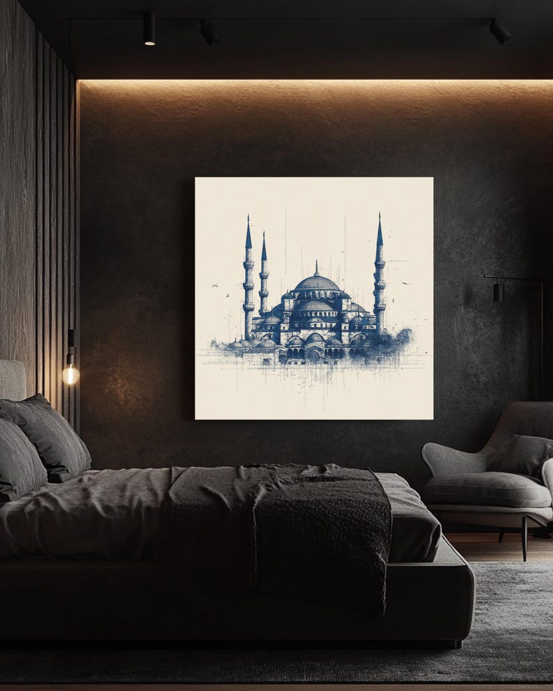 Rustic Minimal Blue Mosque Art Print – Elegant Islamic Outline ...
