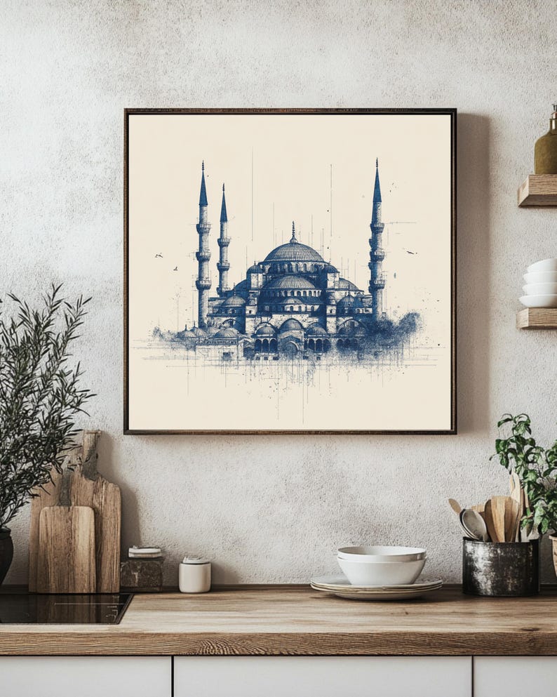 Rustic Minimal Blue Mosque Art Print – Elegant Islamic Outline ...