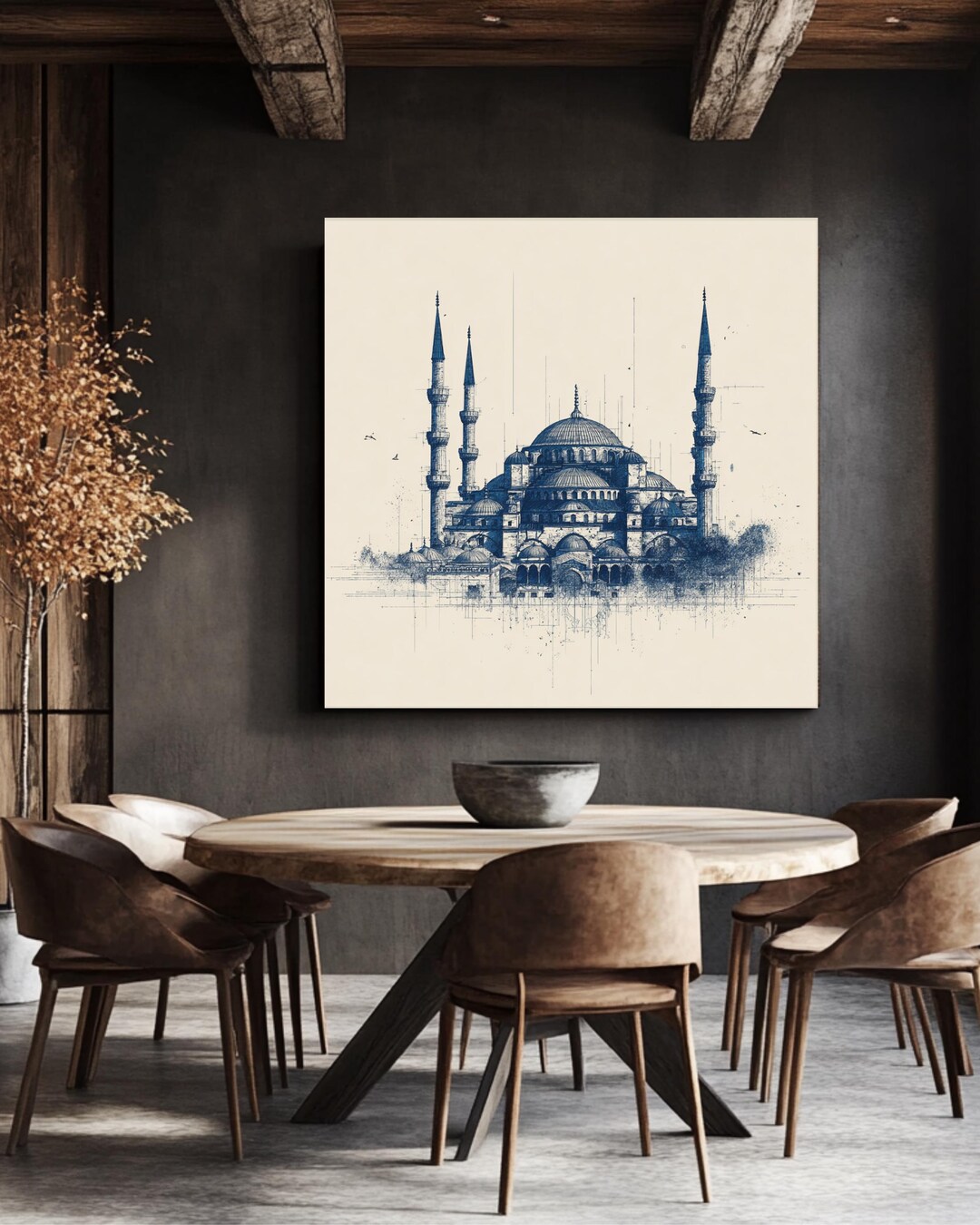 Rustic Minimal Blue Mosque Art Print – Elegant Islamic Outline ...