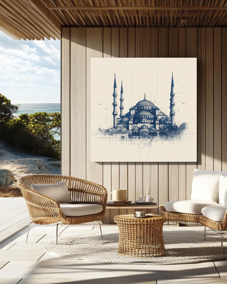 Rustic Minimal Blue Mosque Art Print – Elegant Islamic Outline ...