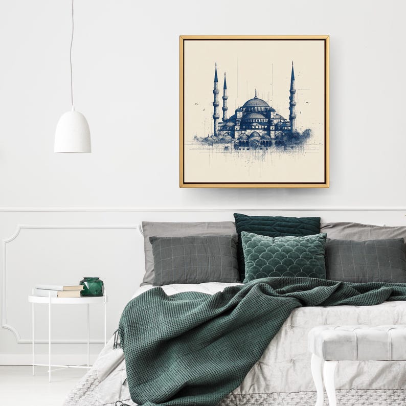 Rustic Minimal Blue Mosque Art Print – Elegant Islamic Outline ...