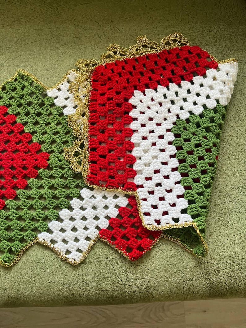 Handmade Crochet Table Runner – Red, Green, & White Zigzag Design - Etsy