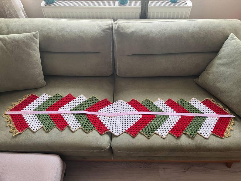 Handmade Crochet Table Runner – Red, Green, & White Zigzag Design - Etsy