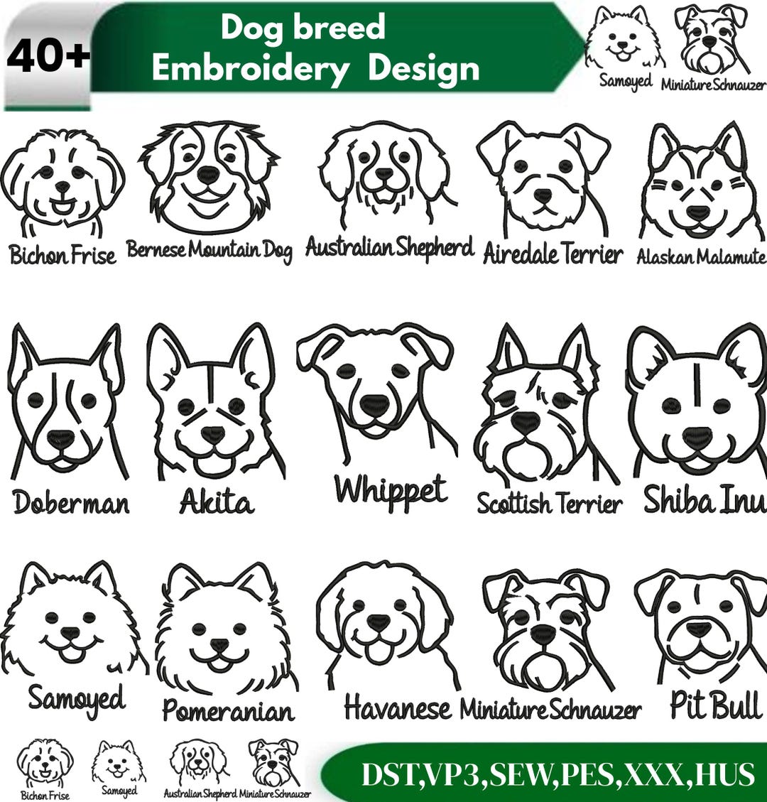 Dog Breed Embroidery Designs Bundle, Puppy Face Line Art Machine ...