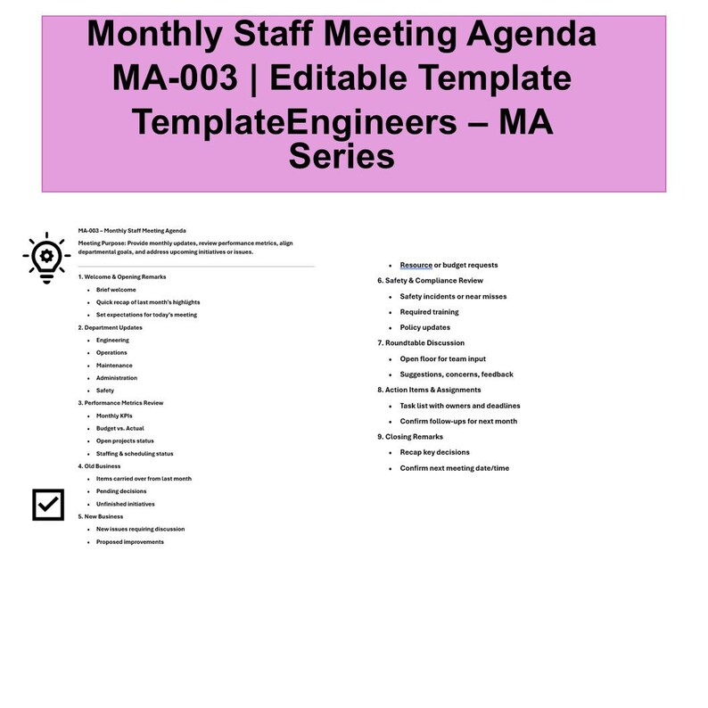 Monthly Staff Meeting Agenda Template | MA-003 | Printable Business ...