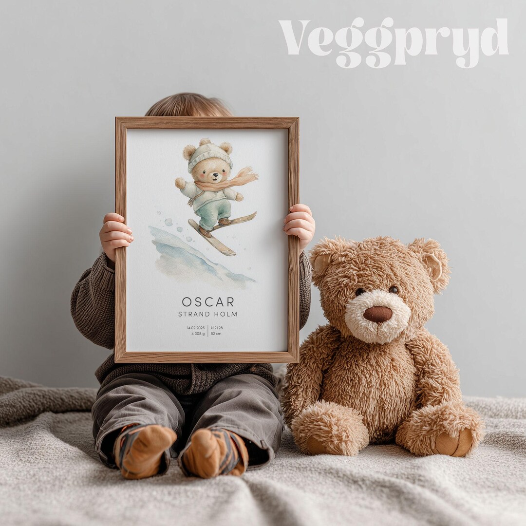 Personalized Birth Poster — Bear Skiing| Scandinavian Nursery Art - Etsy