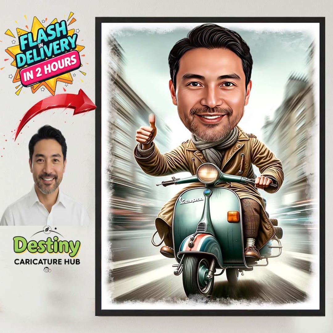 Custom Vespa Caricature Portrait • Scooter Rider Cartoon Drawing ...