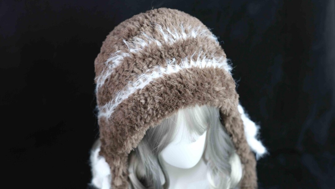 Handmade Brown White Bow Bonnet, Crochet Tie Winter Hat, Cute Gift for ...