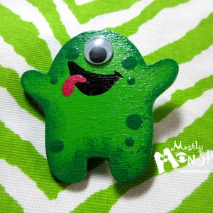 Monster Brooch Green MIKEY, Wood Handpainted Brooch, Green Monster Pin ...
