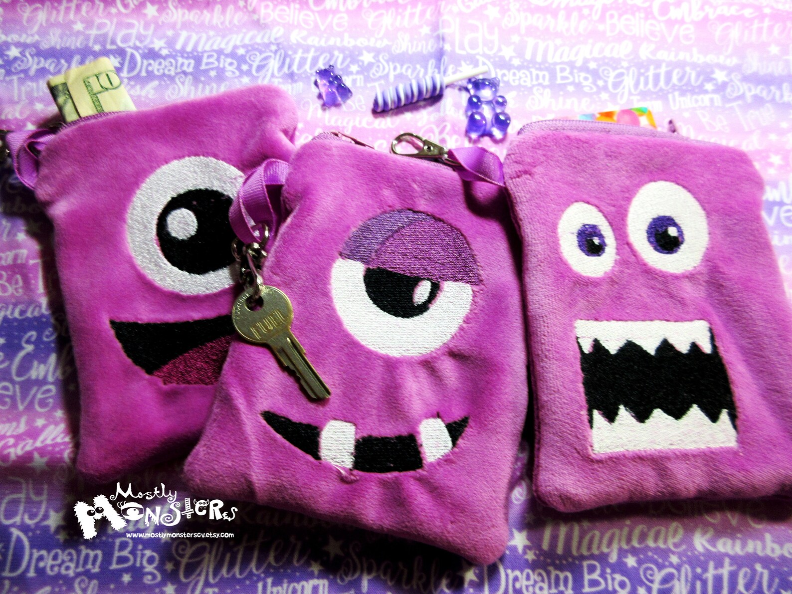 Your Choice of Monster Zipper Pouch: Embroidered Pouch Change - Etsy