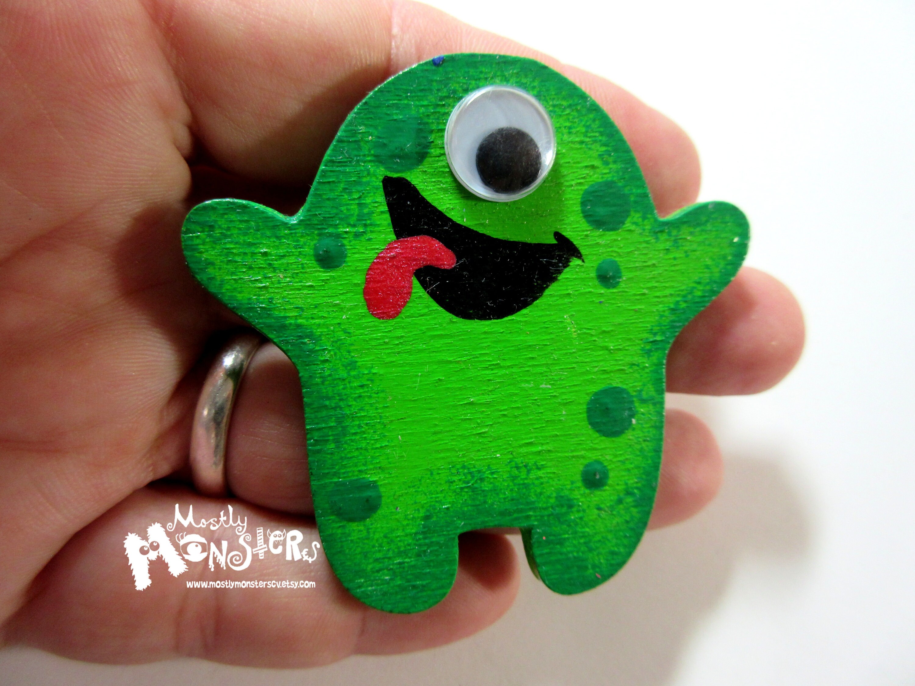 Monster Brooch Green MIKEY, Wood Handpainted Brooch, Green Monster Pin ...
