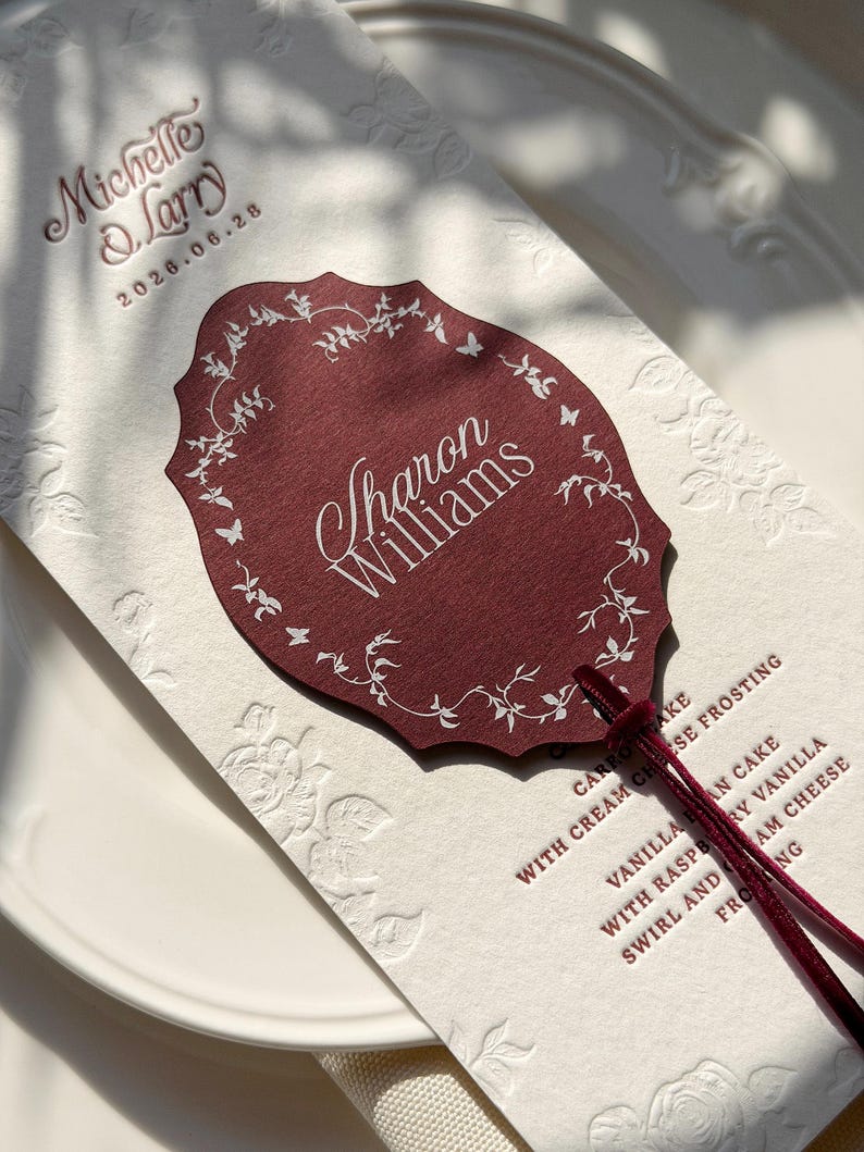 Custom Burgundy Letterpress Menu Card With Matching Tassel Place Cards ...