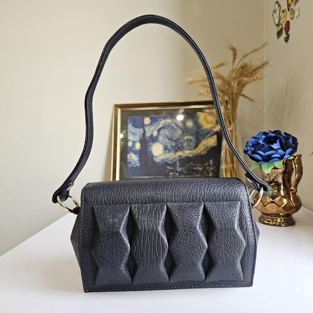 Black Leather Shoulder Bag – Handmade Geometric Textured Purse, Modern ...