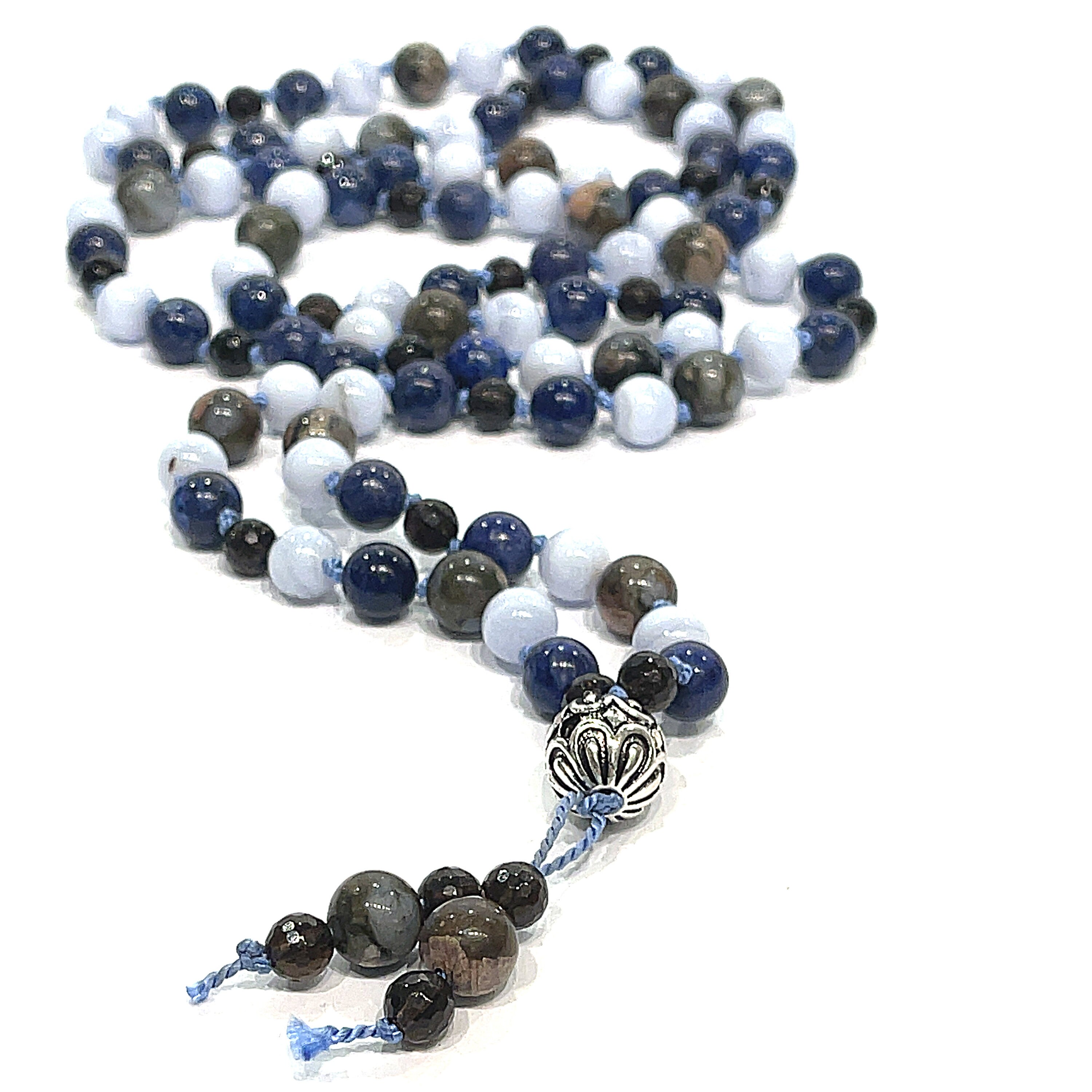 Mala Necklace Blue Rhyolite Blue Lace Agate Smoky Quartz | Etsy