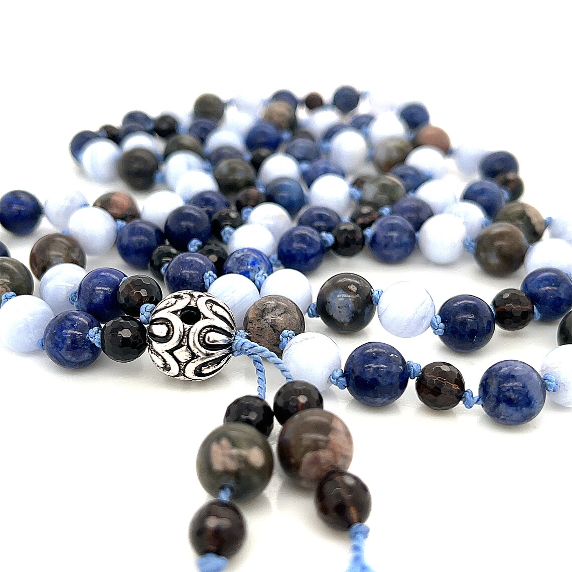 Mala Necklace Blue Rhyolite Blue Lace Agate Smoky Quartz - Etsy
