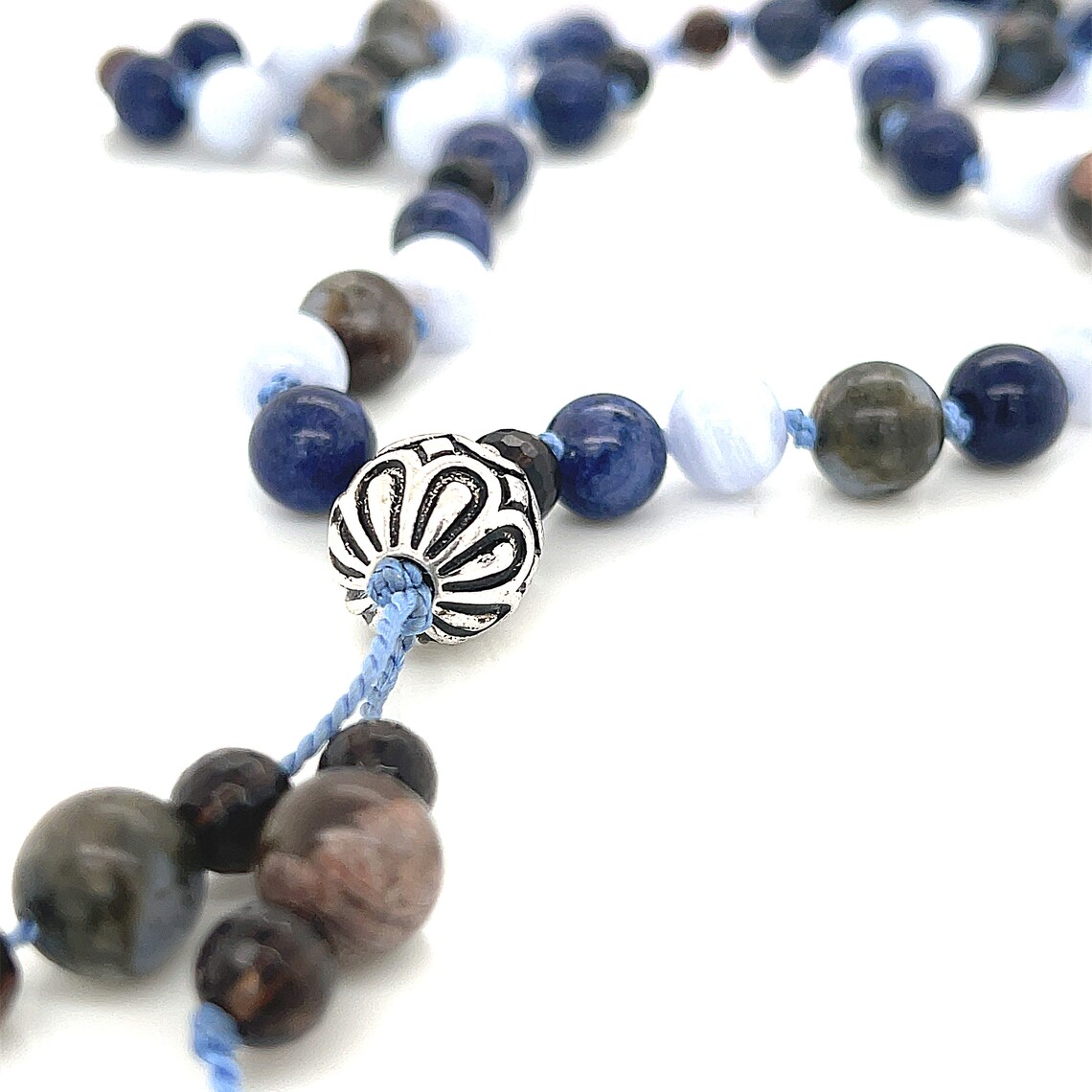 Mala Necklace Blue Rhyolite Blue Lace Agate Smoky Quartz - Etsy