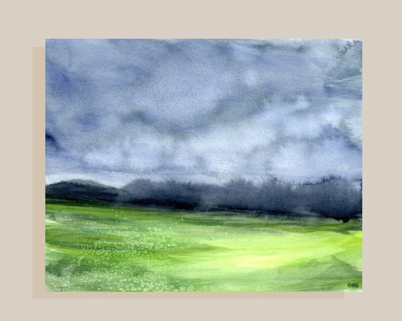 Watercolor Landscape Abstract Print Storm Clouds Green - Etsy