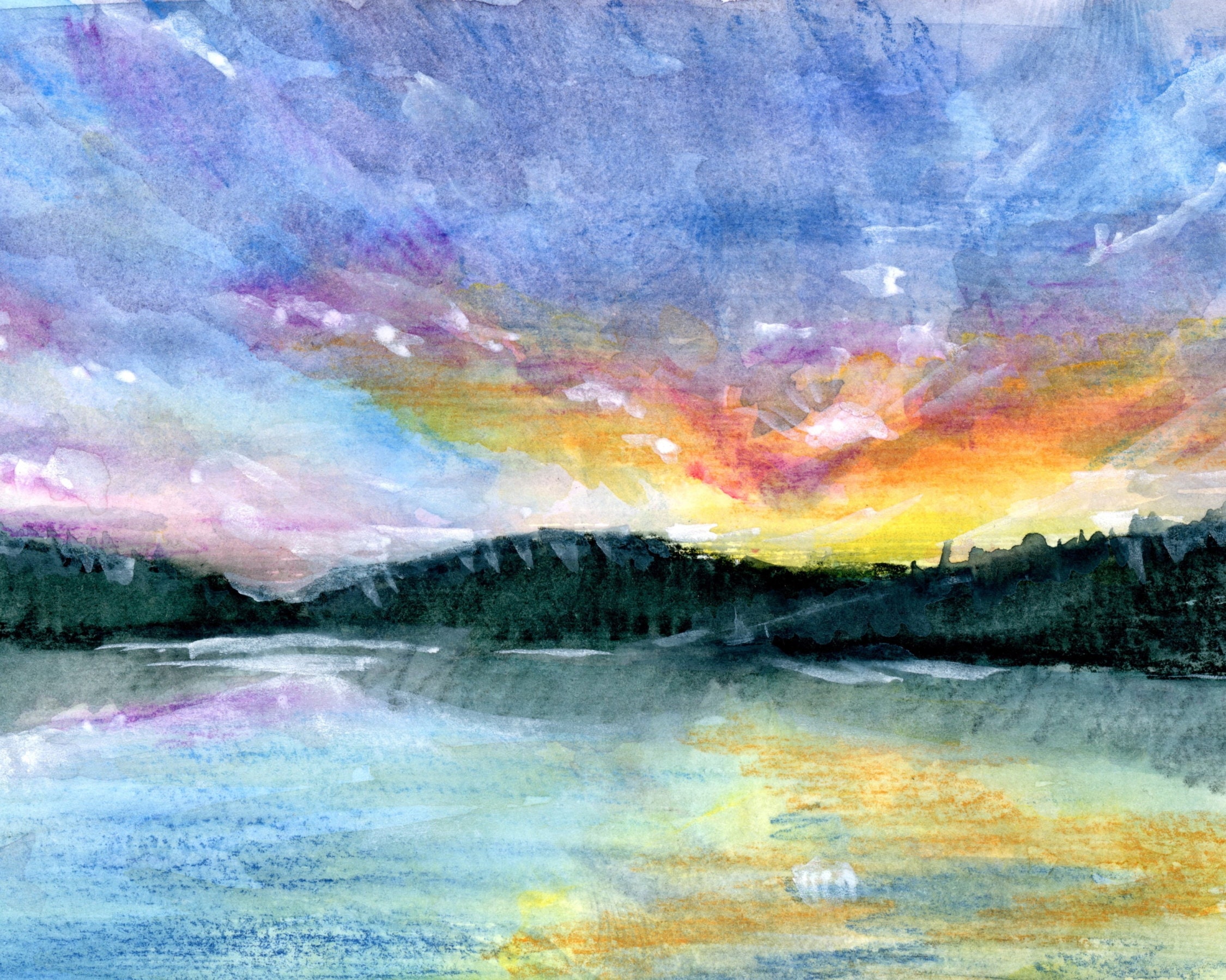 Watercolor Painting PRINT lake Sunset Landscape - Etsy
