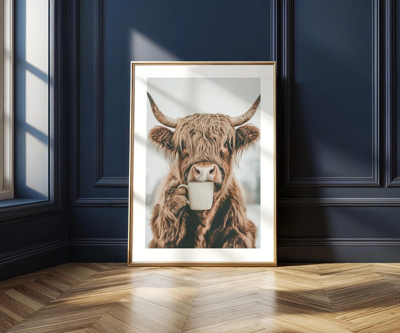 Highland Cow Coffee Poster – Kitchen Wall Art - Funny Coffee Bar Decor ...