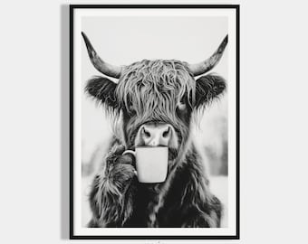 Highland Cow Coffee Poster – Kitchen Wall Art - Funny Coffee Bar Decor ...
