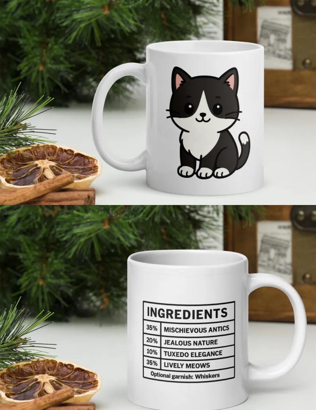 Cute Tuxedo Cat Mug • Funny Cat Ingredient Chart Mug • Black & White ...