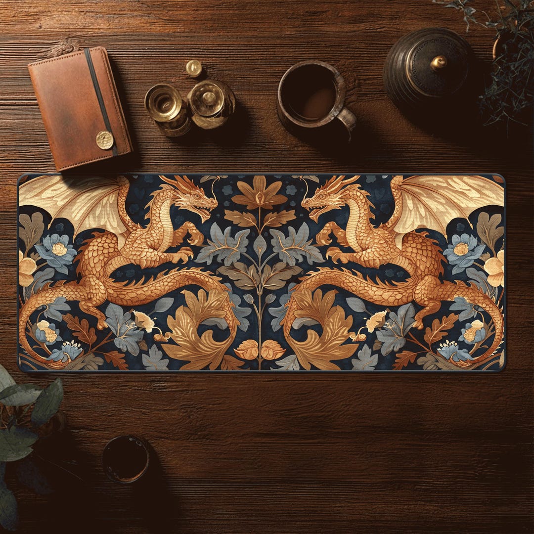 Golden Dragon Desk Mat | Medieval Tapestry Art - Etsy