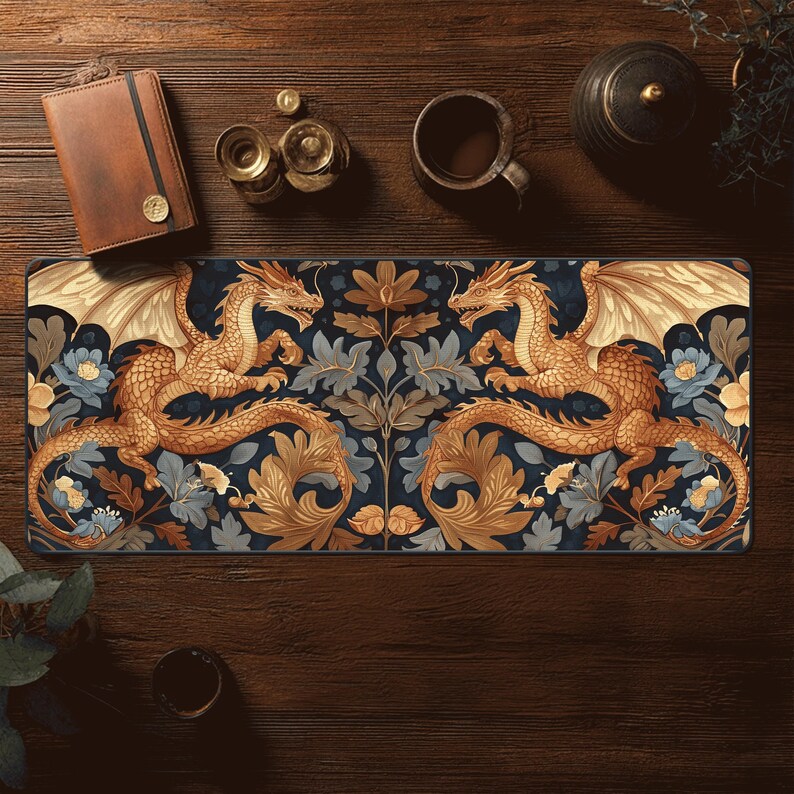 Golden Dragon Desk Mat | Medieval Tapestry Art - Etsy