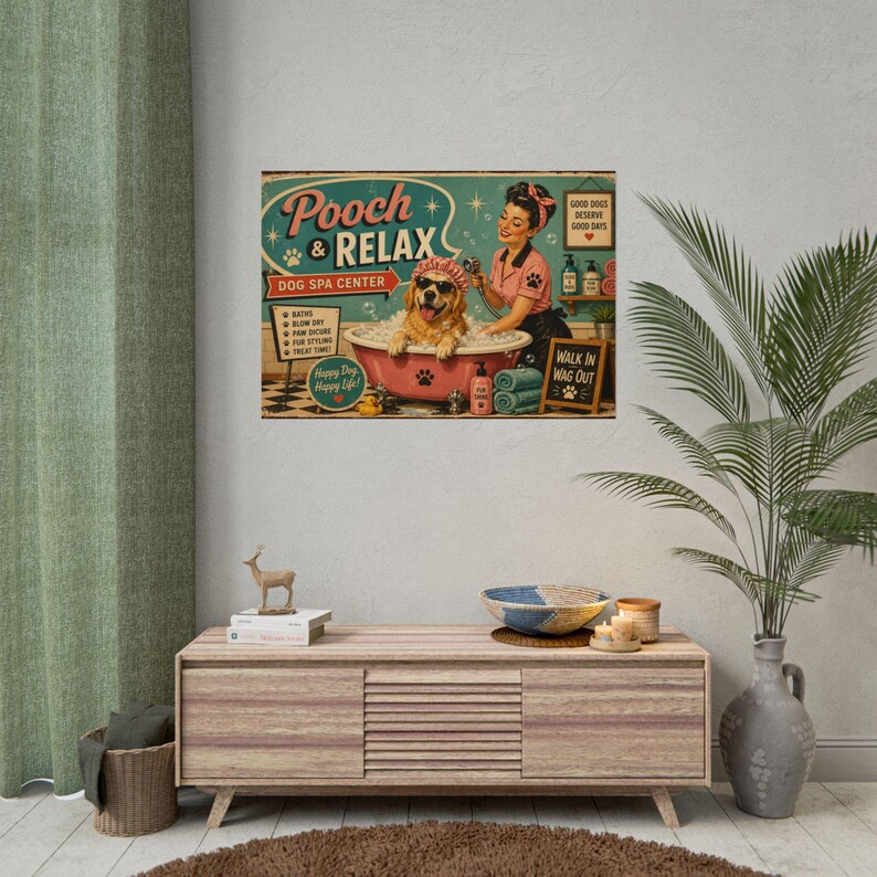 Retro Dog Spa Poster – Vintage Pet Grooming Wall Art, Canine Bathroom ...