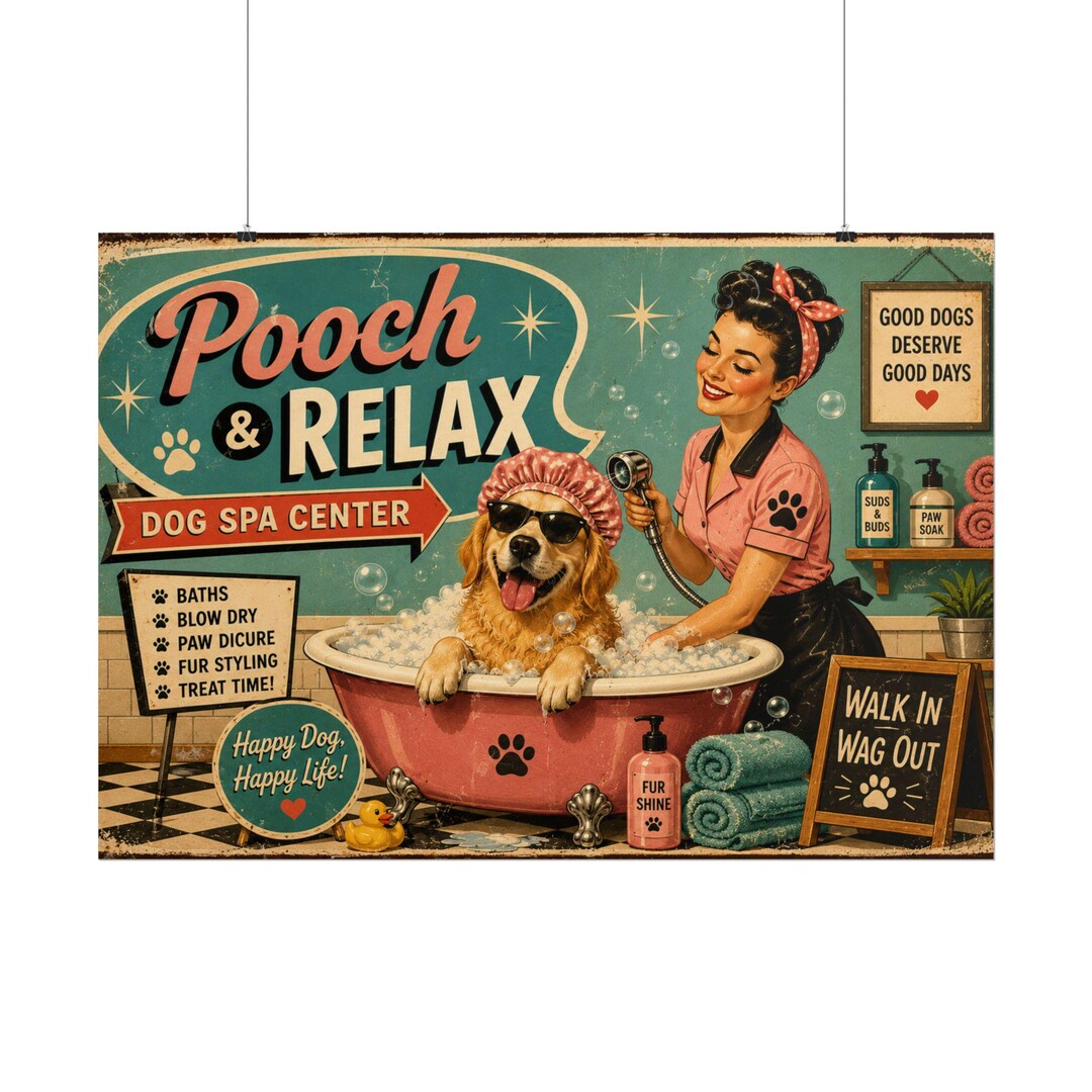 Retro Dog Spa Poster – Vintage Pet Grooming Wall Art, Canine Bathroom ...